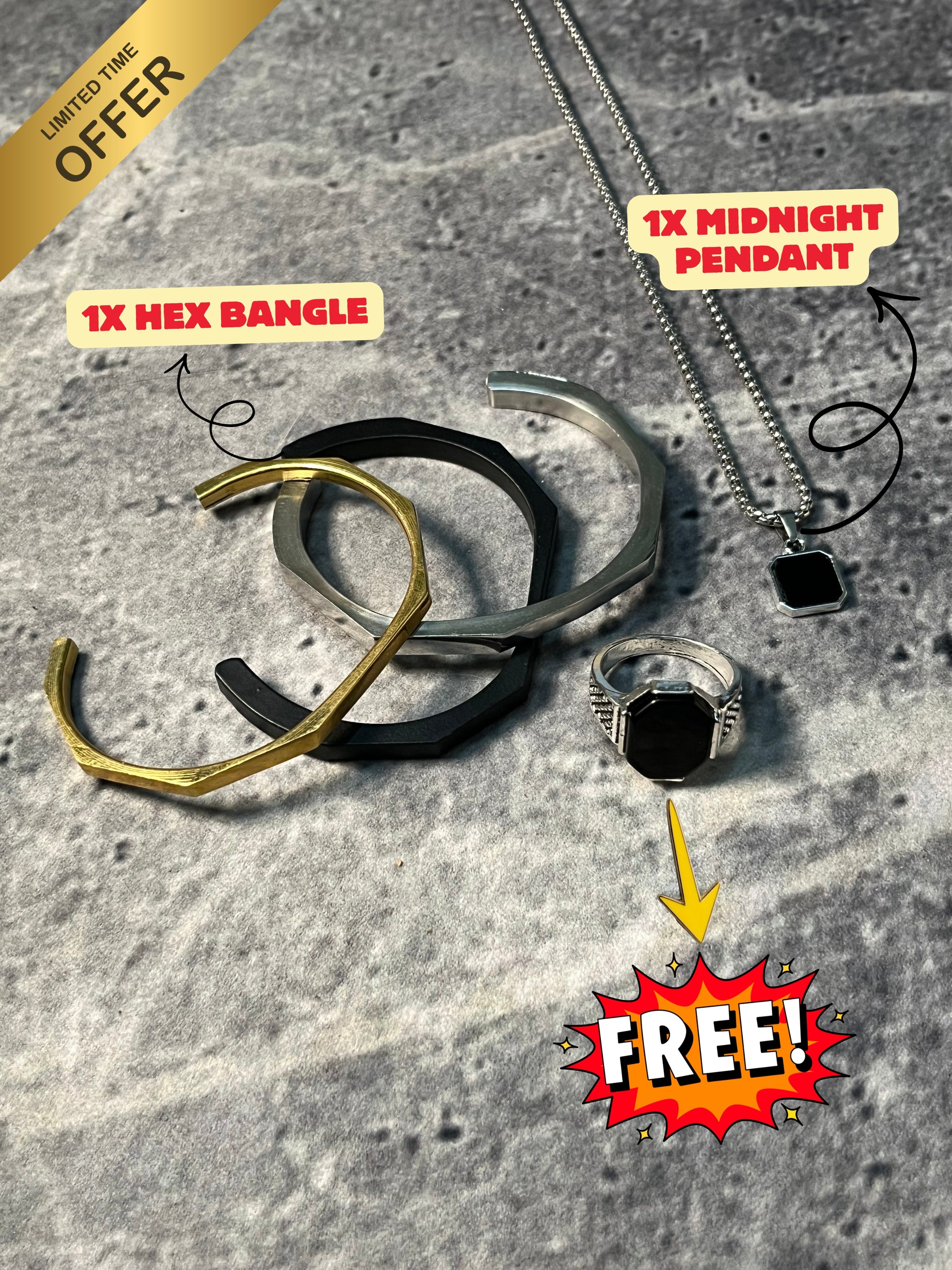 Bundle Deal | Hex Bangle + Midnight Pendant + (FREE Ring) – Vibe Check